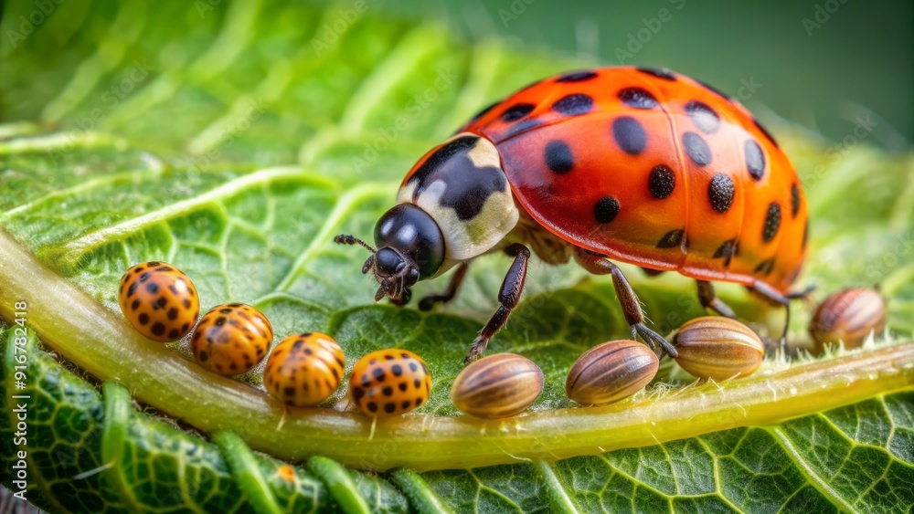 Macro shot of a ladybug surrounded by its larvae, crawling on a green ...