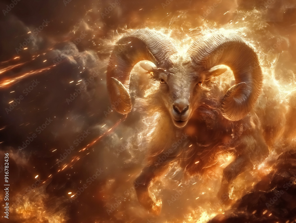 A ram with a golden horn is surrounded by fire and smoke. The ram is ...