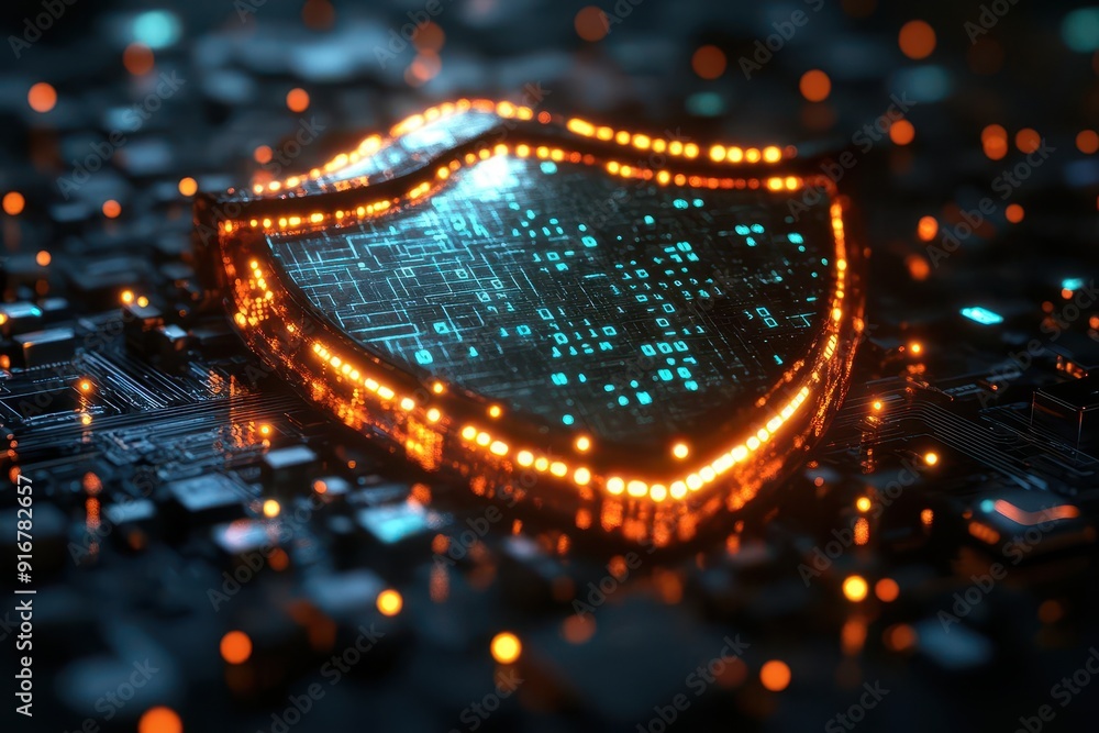 abstract digital landscape of interconnected puzzle pieces forming a shield glowing circuits and ...