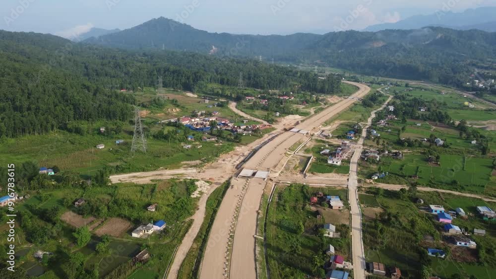 Aerial view of highway road construction in Nepal. Construction site ...