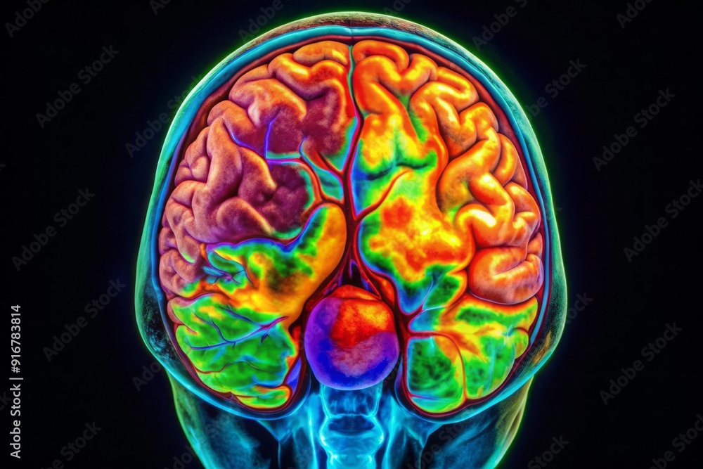Colorful MRI scan of human brain showing significant atrophy and ...