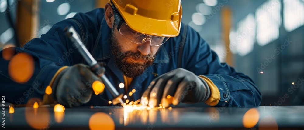 A tradesman in a workshop, bonding aluminum sheets with precision tools ...