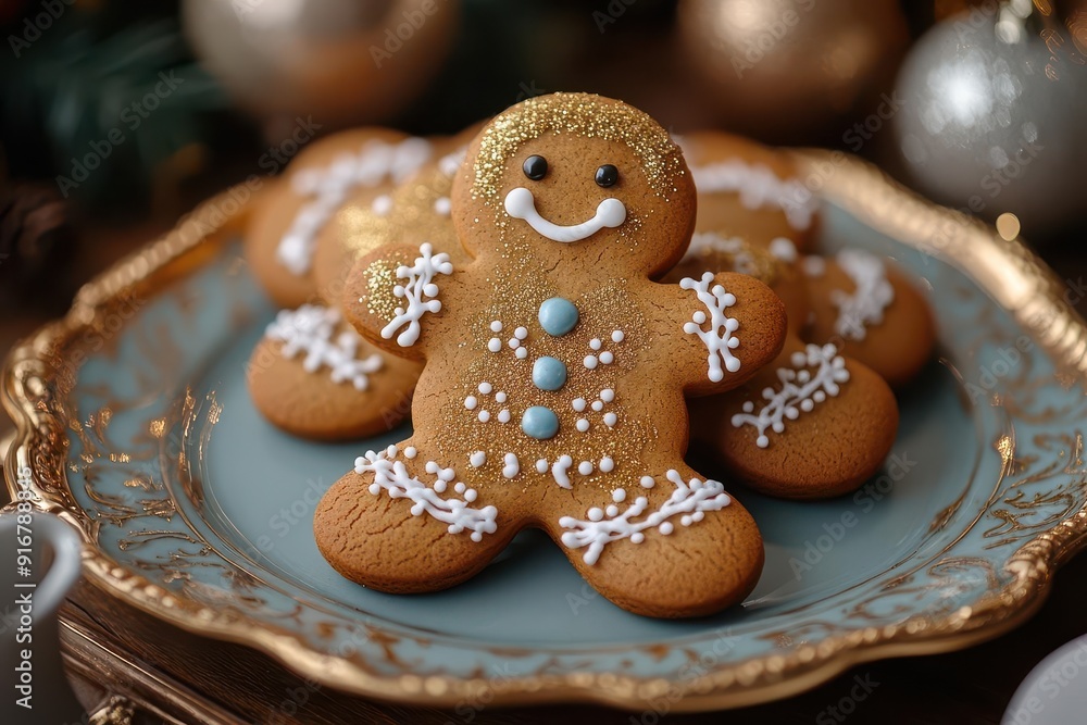 artisanal gingerbread person with intricate royal icing designs dusted ...