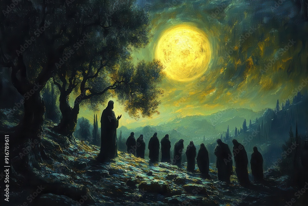 atmospheric oil painting of jesus praying in gethsemane bathed in ...