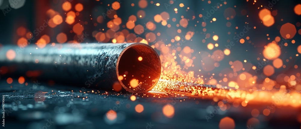 Fabricator fusing iron pipes, intense heat and bright sparks, lifelike ...