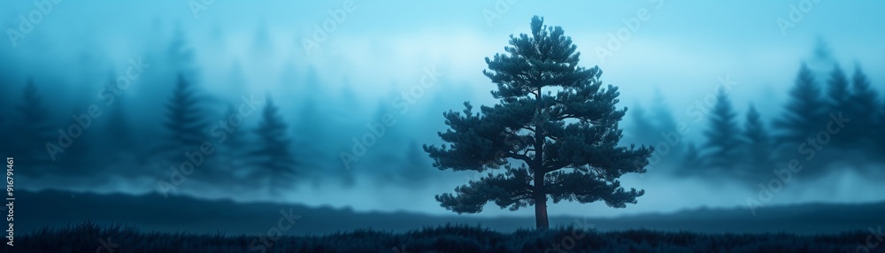 Moody pine tree with a cryptic ambiance, its dark, spindly branches ...