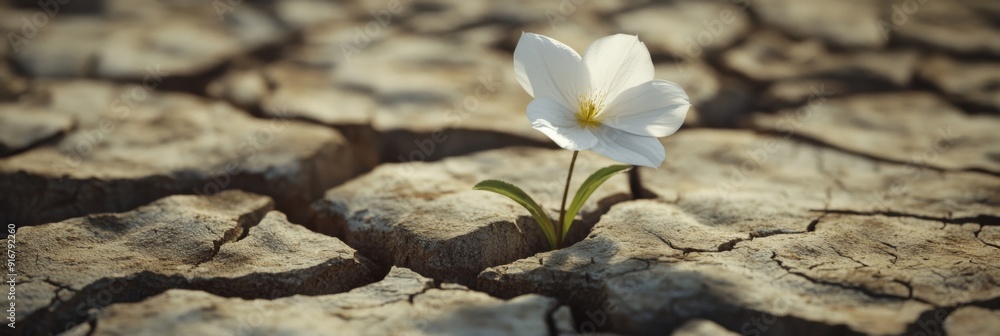 Courageous Bloom: A White Flower Defies the Cracked, Arid Soil ...