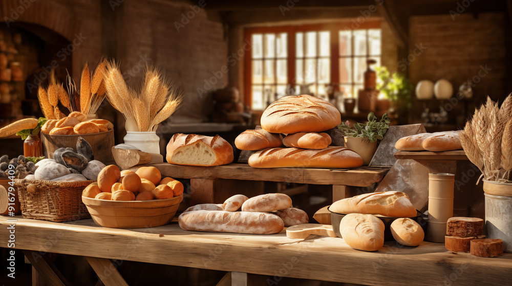 Bread Display With Golden Loaves And Rustic Decor In A Sunlit Bakery ...