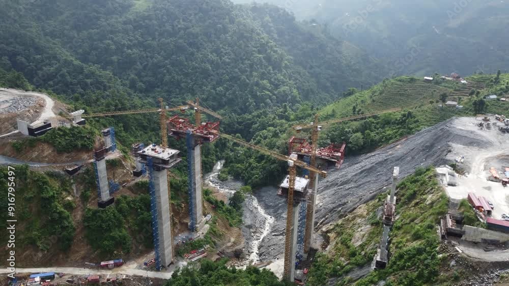 Aerial view of highway road construction in Nepal. Construction site ...
