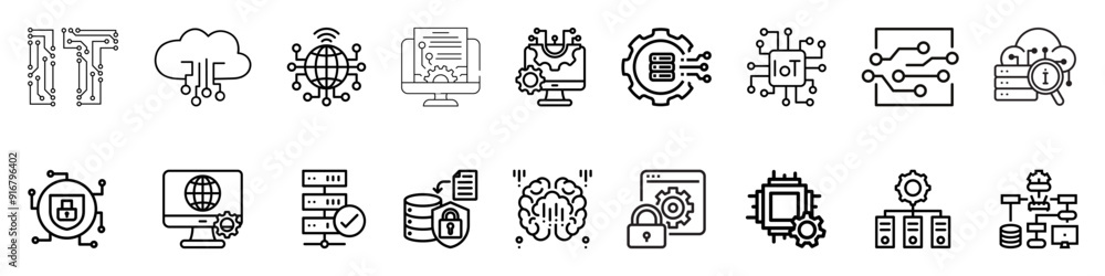 Line icons about information technologies. Contains such icons as cloud ...