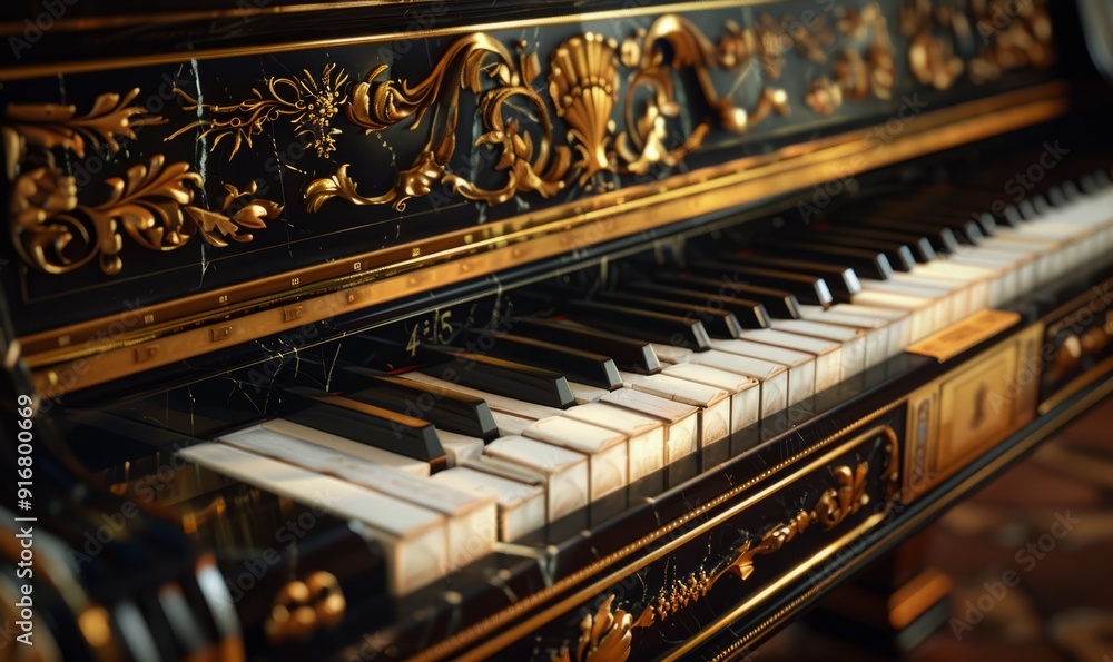 rich textures of a vintage grand piano, ebony and ivory keys worn with ...