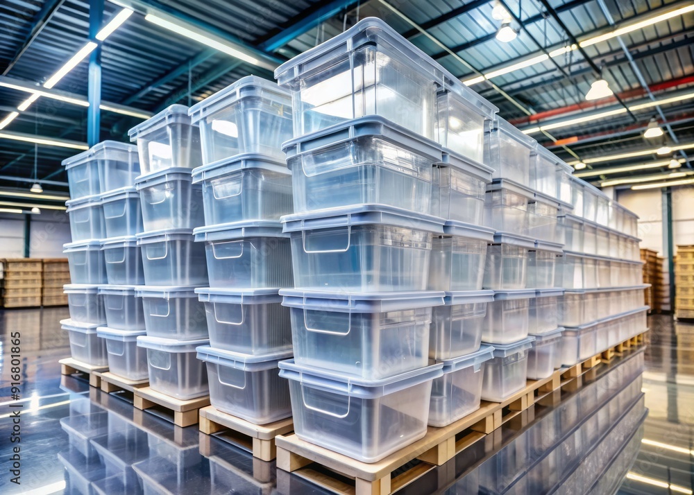 A stack of transparent plastic industrial storage bins with lids ...