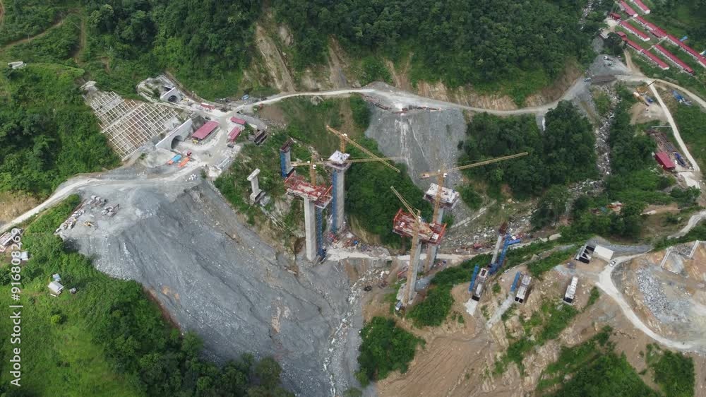 Aerial view of highway road construction in Nepal. Construction site ...