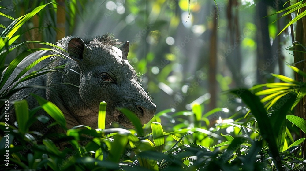 Grazing tapir in tropical rainforest, photorealistic, lush greenery ...