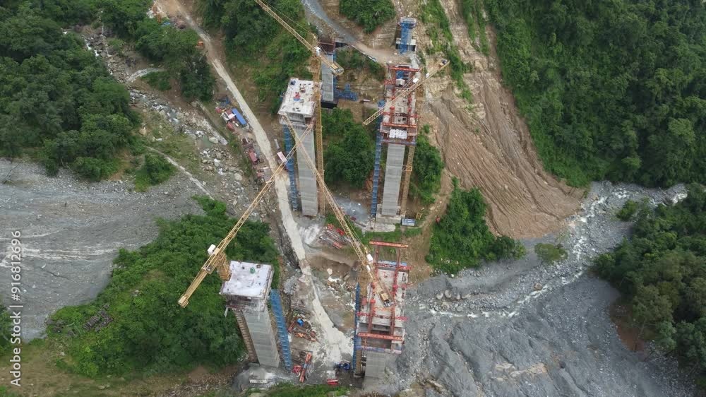 Aerial view of highway road construction in Nepal. Construction site ...