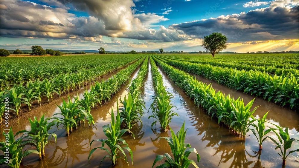 Fresh rainwater-filled furrows and muddy ridges pattern a freshly ...