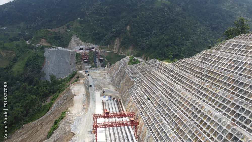 Aerial view of highway road construction in Nepal. Construction site ...