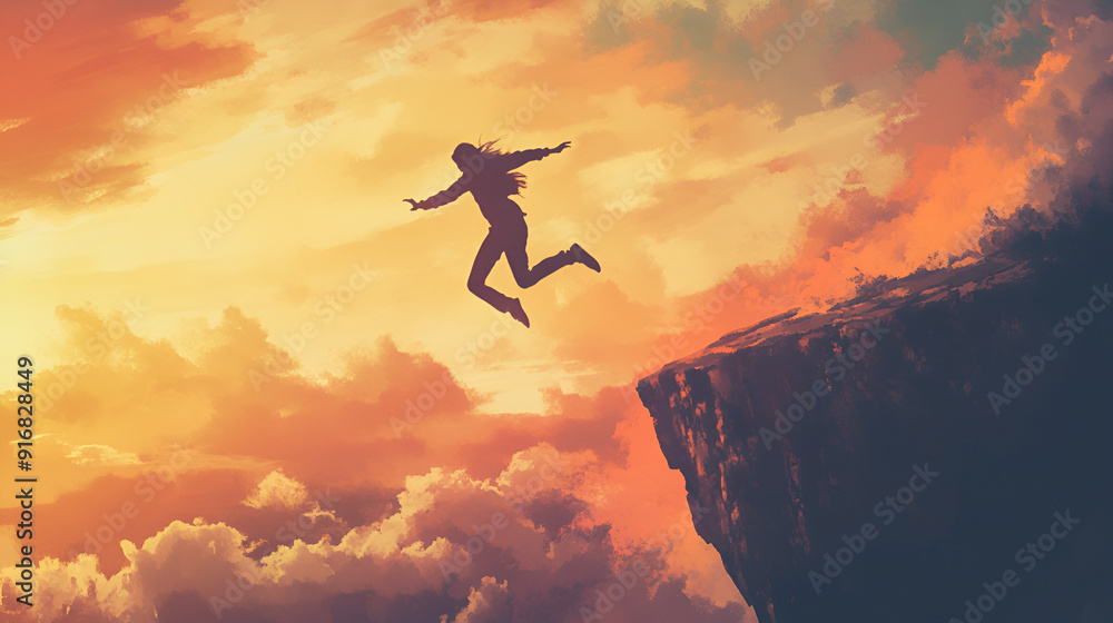 Silhouette of young man jumping over mountains and cliffs at sunset A ...