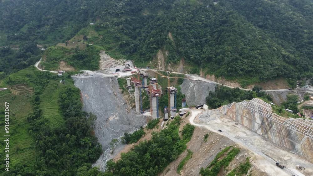 Aerial view of highway road construction in Nepal. Construction site ...