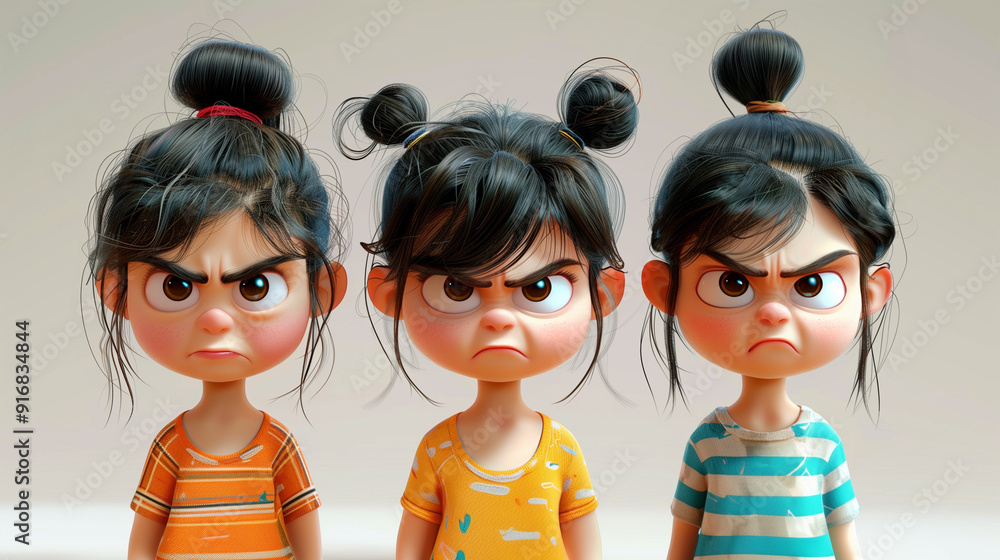Angry stressed mad three cartoon characters girl kid child teen female ...