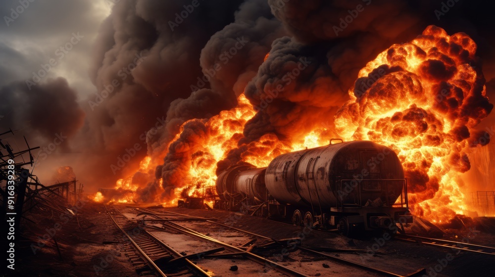 Fire accident at freight train depot. Many railway cargo tanks on fire ...