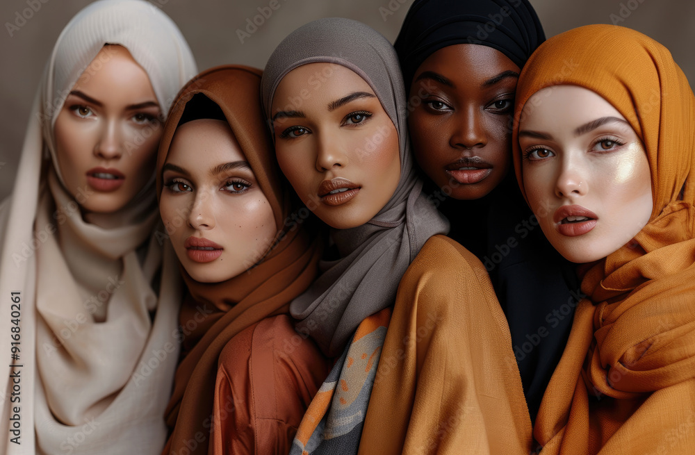 models of different ethnicities wearing hijabs in various colors, each ...