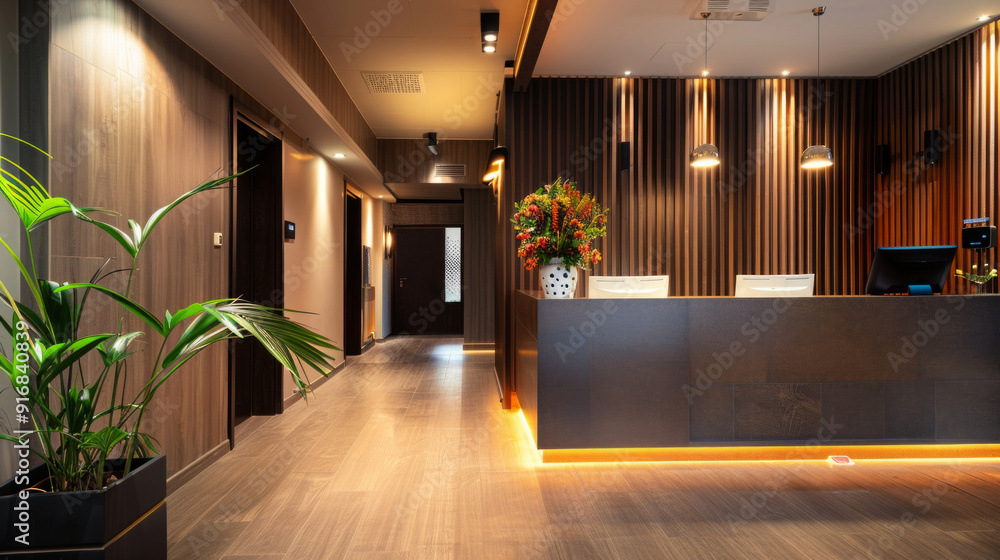 Well lit hotel lobby with light wood walls and floor, dark grey ...