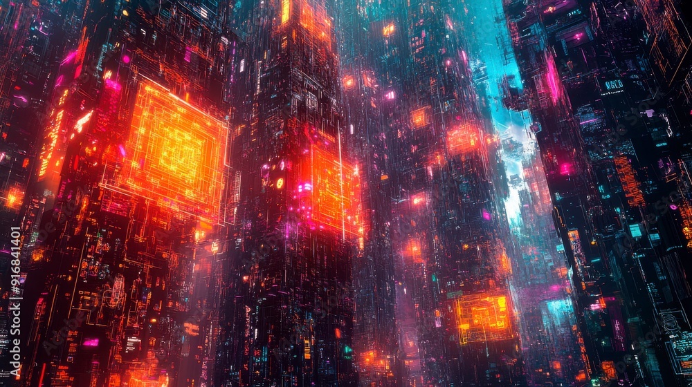 Cyber defense in a vast digital ocean. Pulsating screens and avatars ...