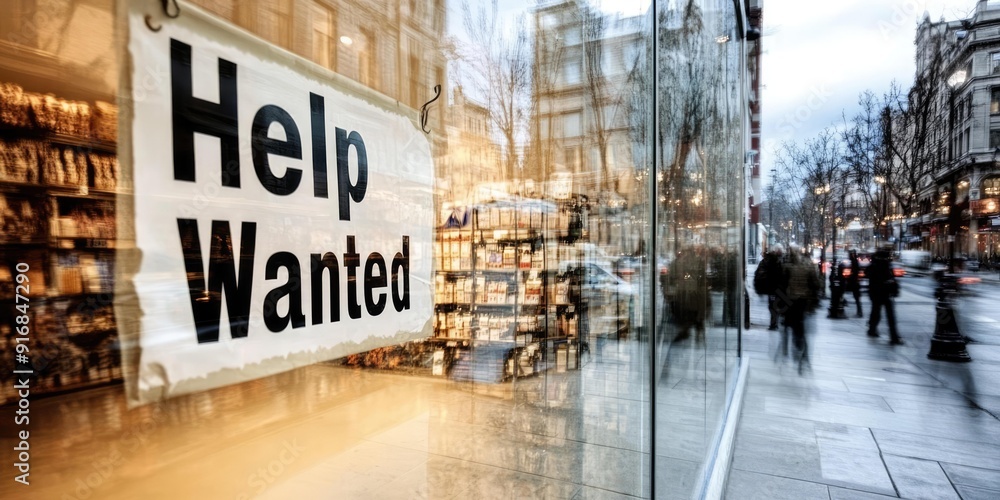 Urban Storefront with Help Wanted Sign Signaling Job Opportunities in ...