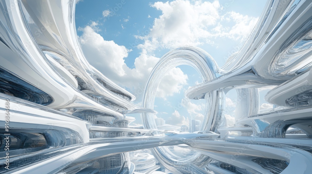 Floating architectural concept with interconnected buildings and sky ...