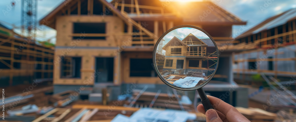 engineer use magnifying glass inspecting construction new house ...