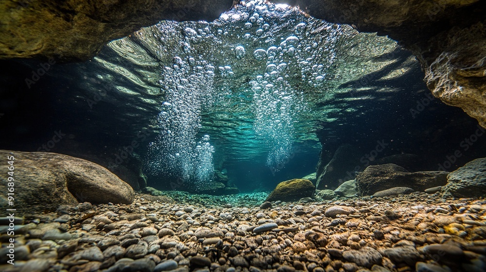 Cave underwater, clear water flow, sunlight bubbles, mysterious cave ...