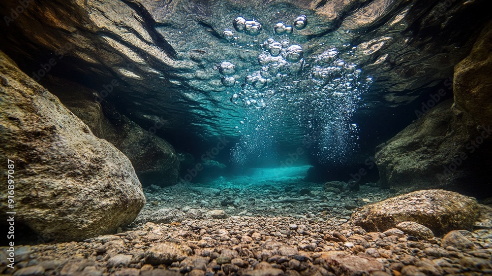 Cave underwater, clear water flow, sunlight bubbles, mysterious cave, natural wonder ...