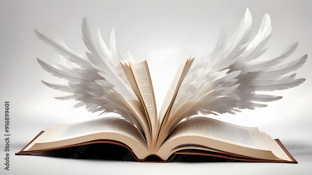 Open books with wings taking flight across a white sky, their pages ...
