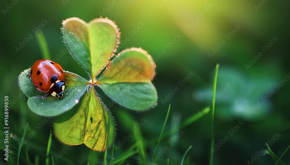 unique find of a rare lucky four leaf clover with a little red ladybug ...