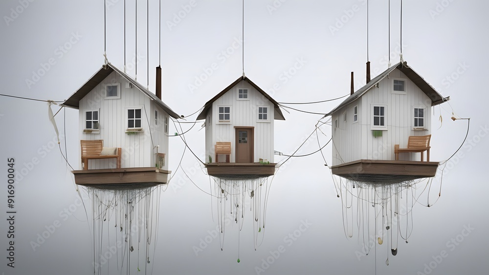 Small houses floating above the ground, tethered by thin strings to ...