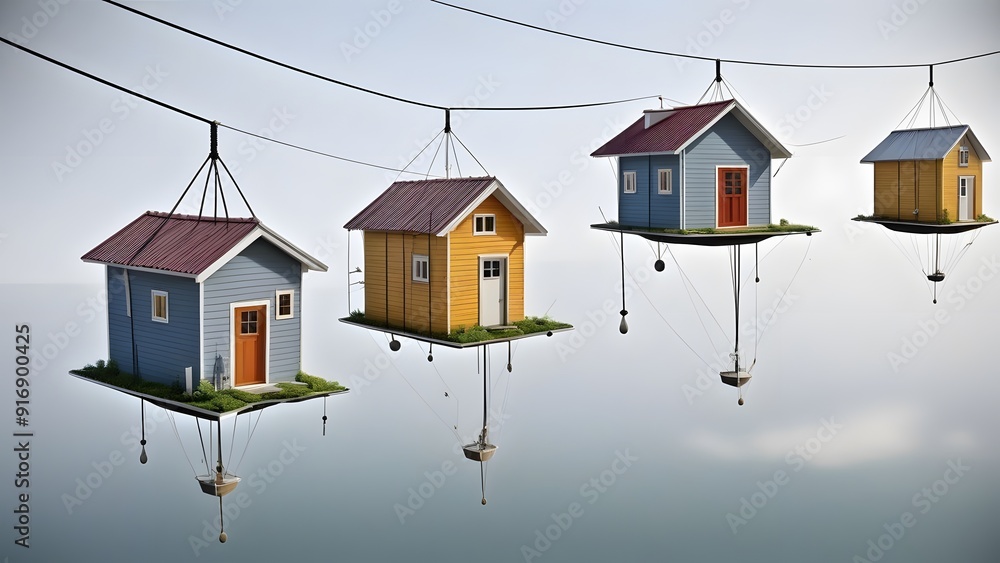 Small houses floating above the ground, tethered by thin strings to ...
