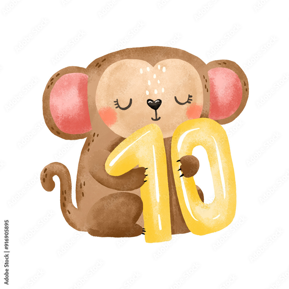 Monkey with number 10. Number ten. Cute baby month anniversary card ...