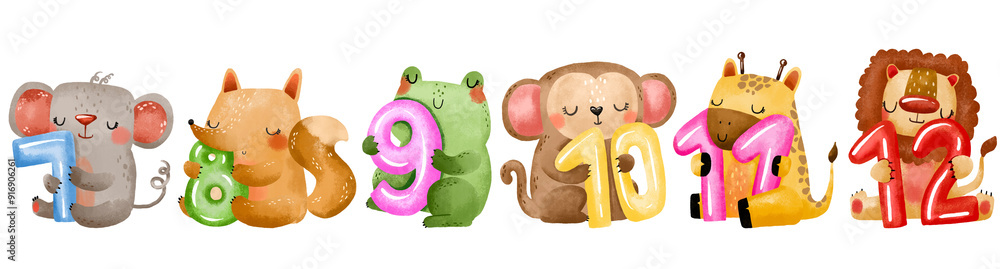 Animals with numbers set. Cartoon animals with numbers from 7 to 12 ...