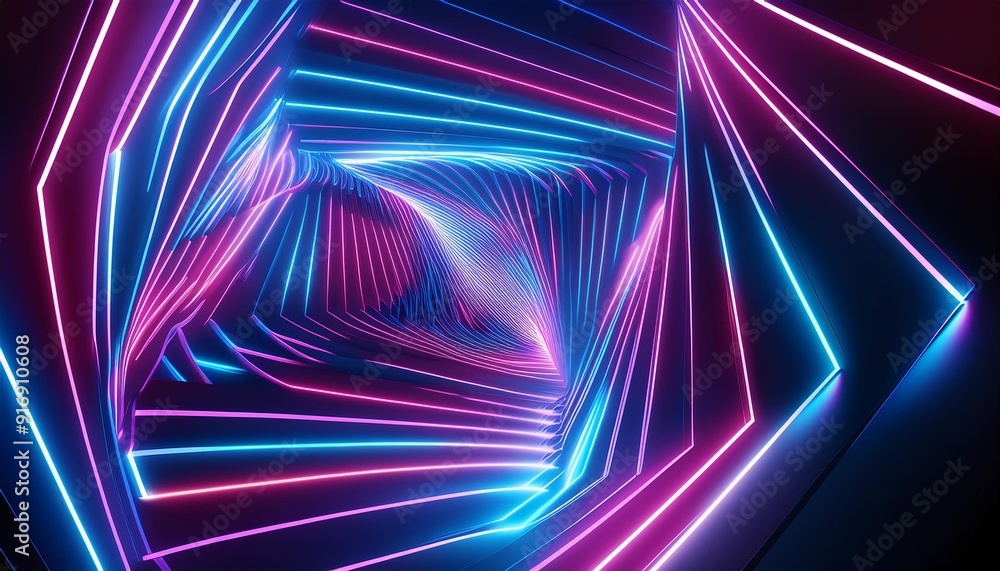 3d abstract neon background tangled zigzag glowing line moving inside ...