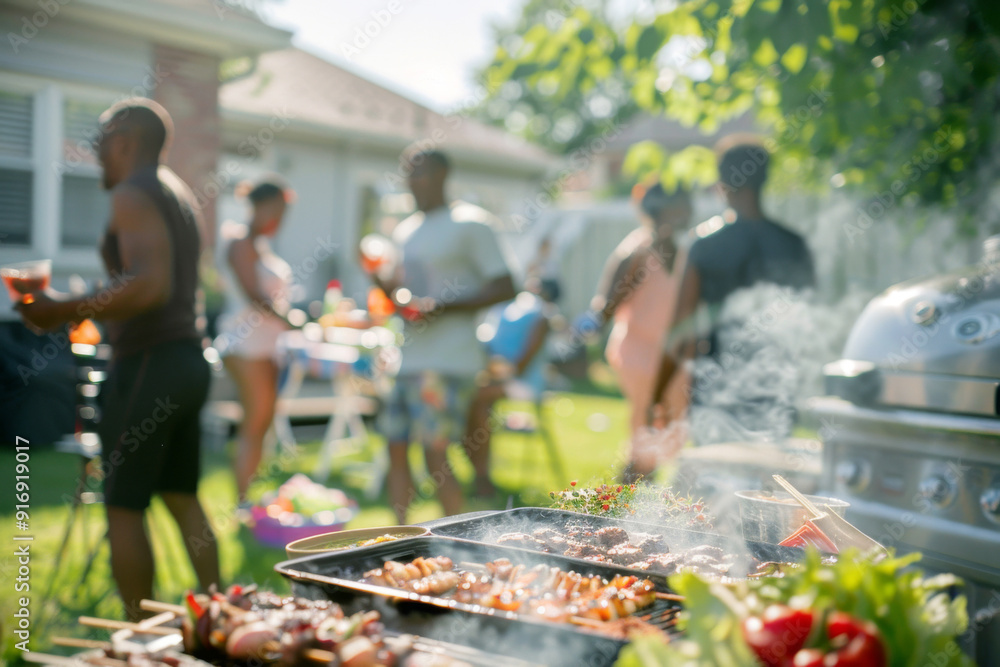 Summer backyard barbecue party with friends gathered and food on barbecue grill Stock Photo ...