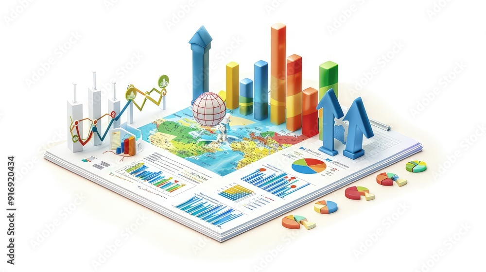 A 3D isometric illustration of a global business expansion report with ...