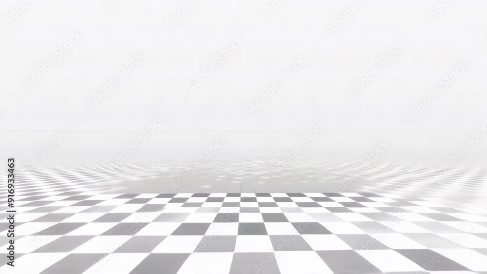 A minimalist landscape featuring a reflective checkerboard floor in a ...