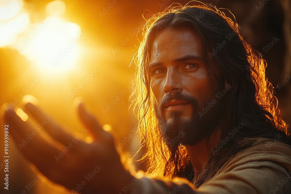 ethereal portrait of jesus with outstretched hand soft focus creates ...