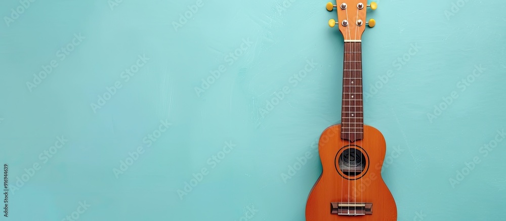 Top view of a vibrant ukulele on a light blue background, featuring ...
