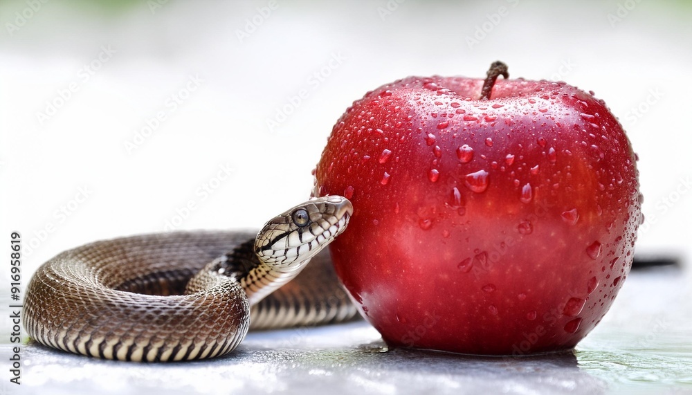 a snake is coiled up next to a red apple the apple is wet from the rain ...
