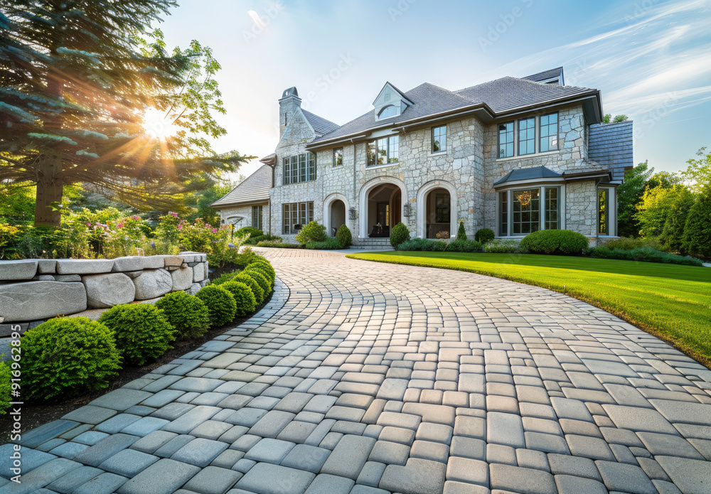 Beautiful driveway of a luxury house with perfectly laid pavers, clean ...