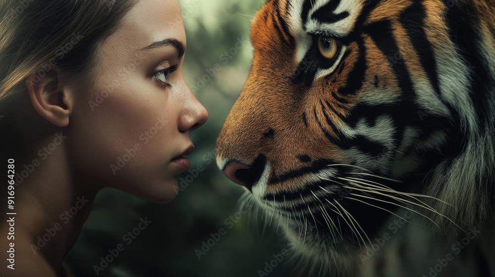 A close-up profile of a woman face-to-face with a tiger in a jungle ...