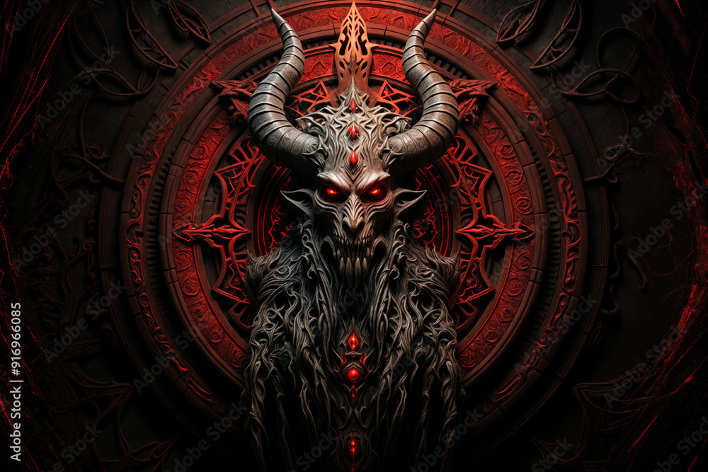 Demonic entity with glowing red eyes and curved horns emerging from intricate, ominous circular ...
