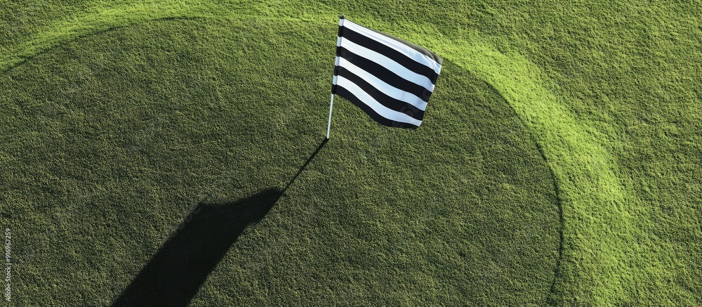 Colour image of a black and white striped flagpole on a golf course ...